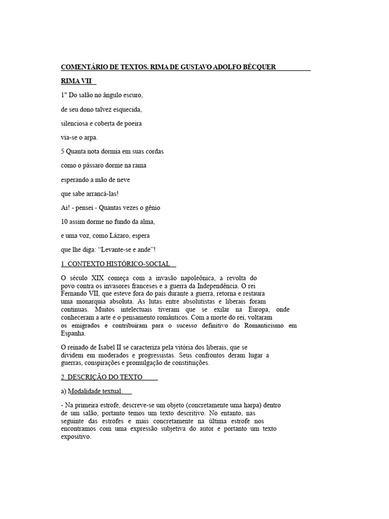 Comentário Texto. - Rimas Gustavo Adolfo Bécquer | PDF | Poesia | Poetas