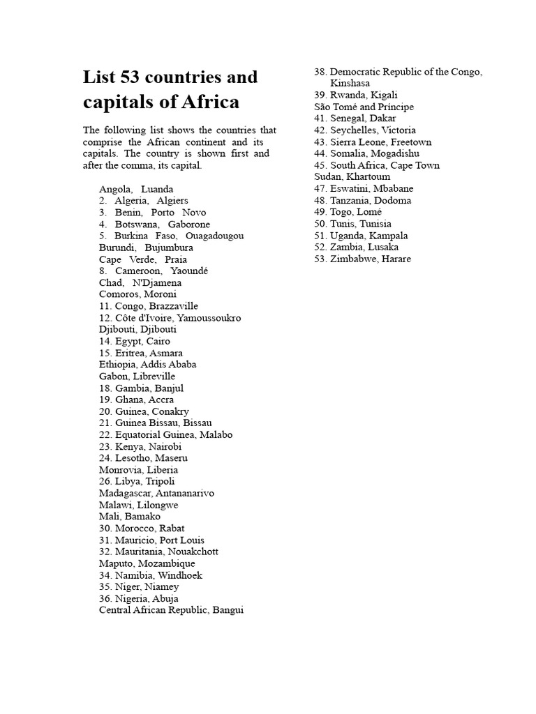 African Countries and Capitals List | PDF