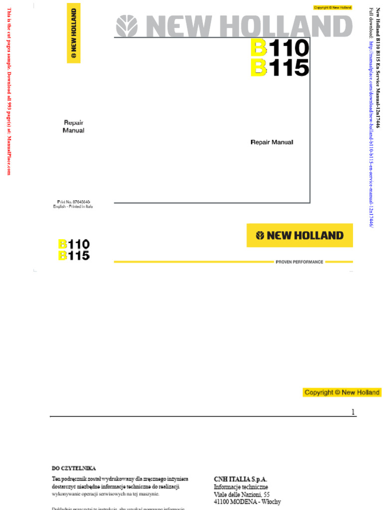 Nowa Holandia b110 b115 I Podręcznik Serwisowy 12n17446 | PDF