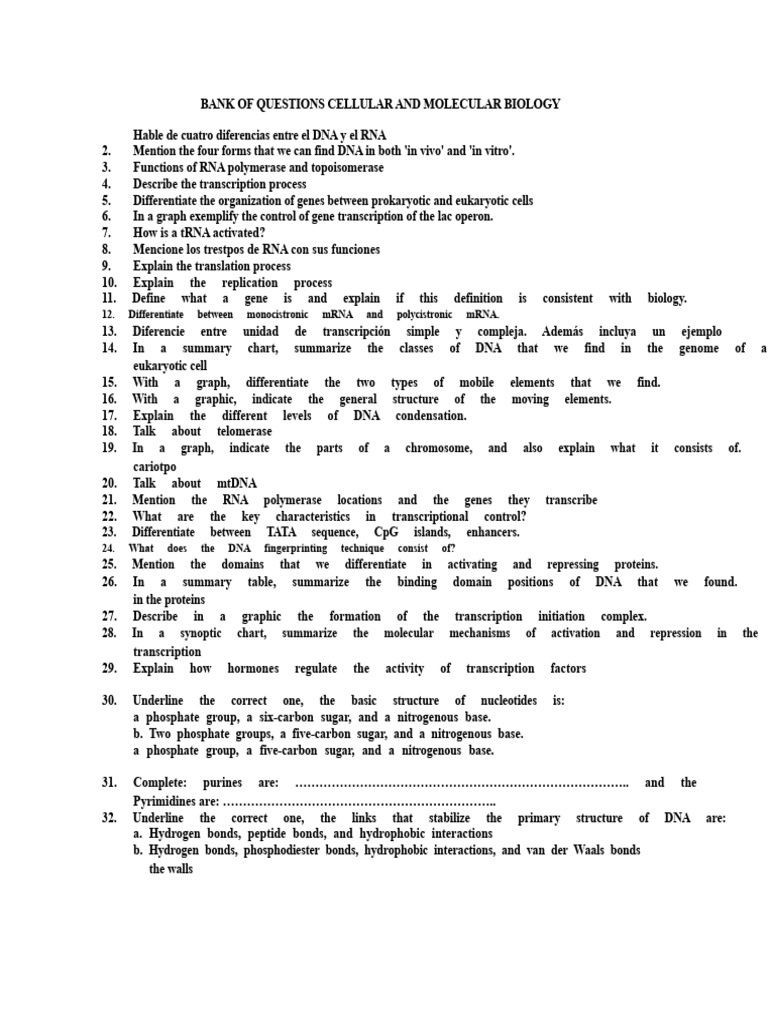 Bank of Questions Cellular and Molecular Biology | PDF | Dna | Gene