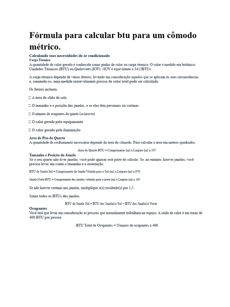 Fórmula para Calcular Btu para Um Quarto Métrico | PDF | Calor | Ar ...
