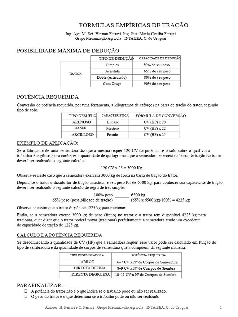 Fórmulas de Tração Agrícola | PDF | Potência (Física) | Trator