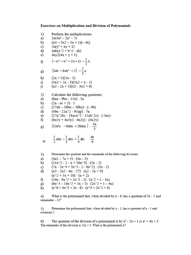 Polynomial Operations Exercises | PDF | Division (Mathematics ...