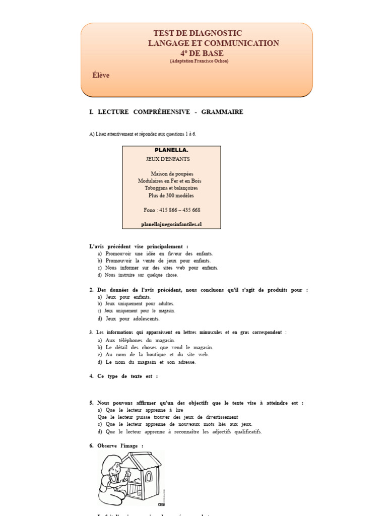 Test de diagnostic 4ème année | PDF | Linguistique