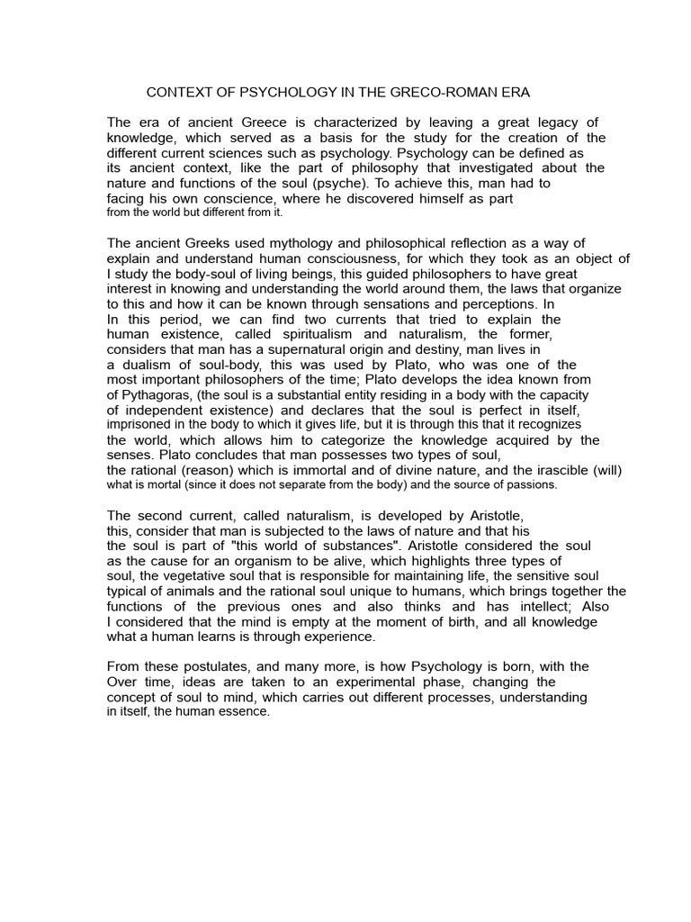 DEVELOPMENT OF PSYCHOLOGY IN THE GRECO-ROMAN ERA AND THE 1940-1950s ...