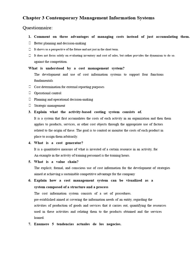 Questionnaire Chapter 3 | PDF | Cost Accounting | Strategic Management