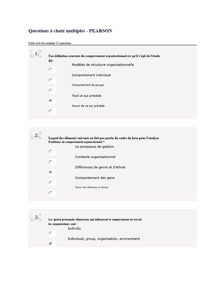 Questions à Choix Multiples sur le Comportement Organisationnel | PDF ...