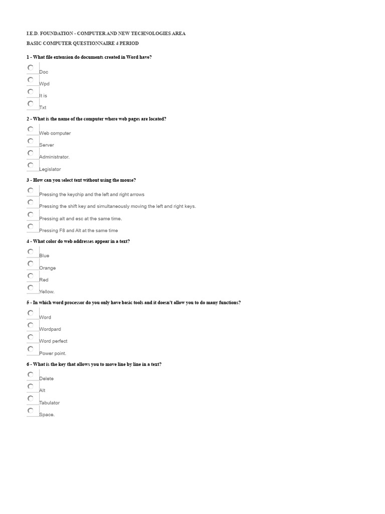 Basic Computer Knowledge Questionnaire | PDF | Computer Data Storage ...