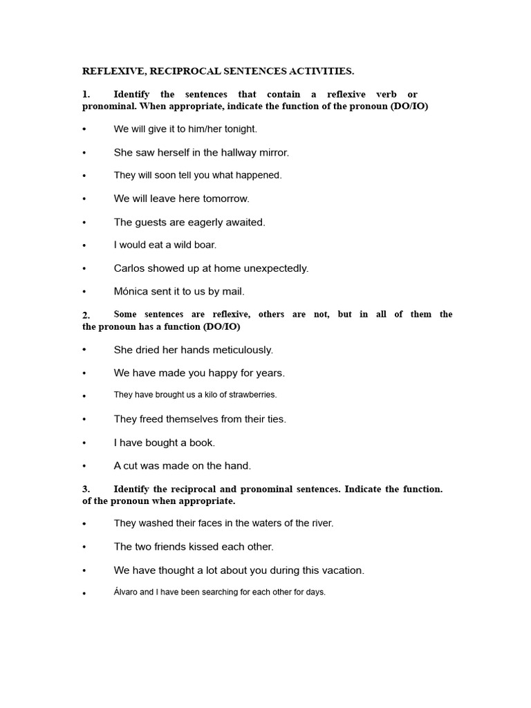 Reflexive and Reciprocal Sentence Activities | PDF