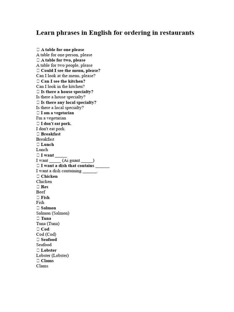 English Phrases for Restaurant Orders | PDF