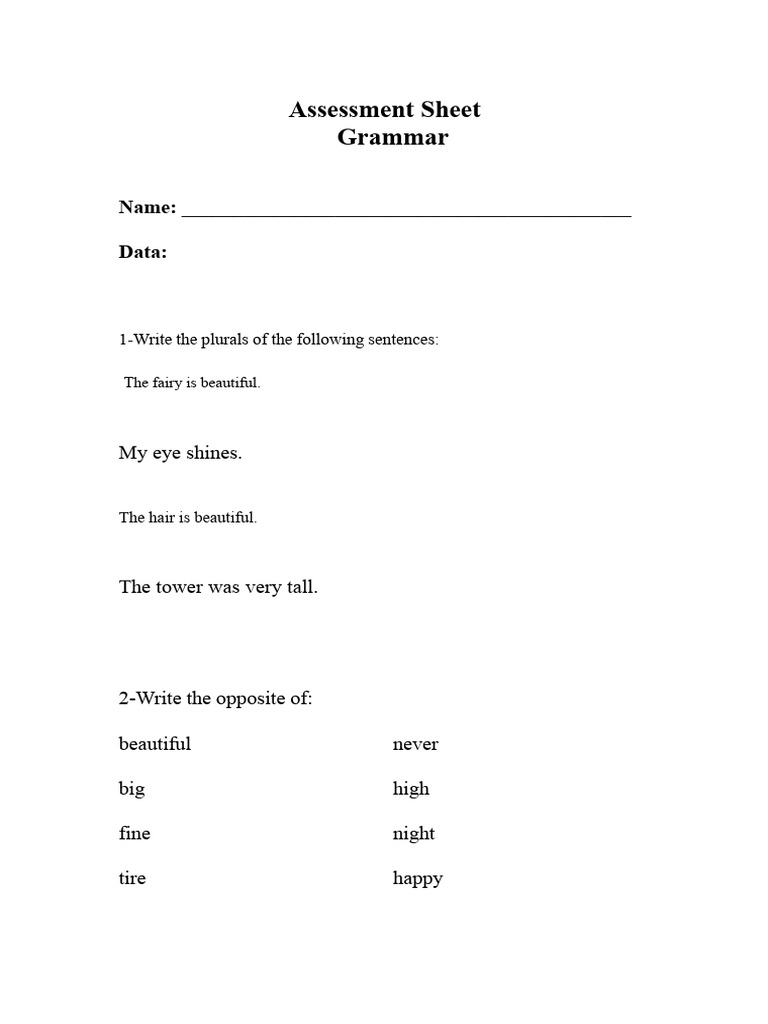 May Grammar Assessment Sheet 2nd Grade | PDF
