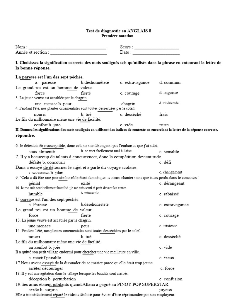 Test de diagnostic en anglais 8 | PDF