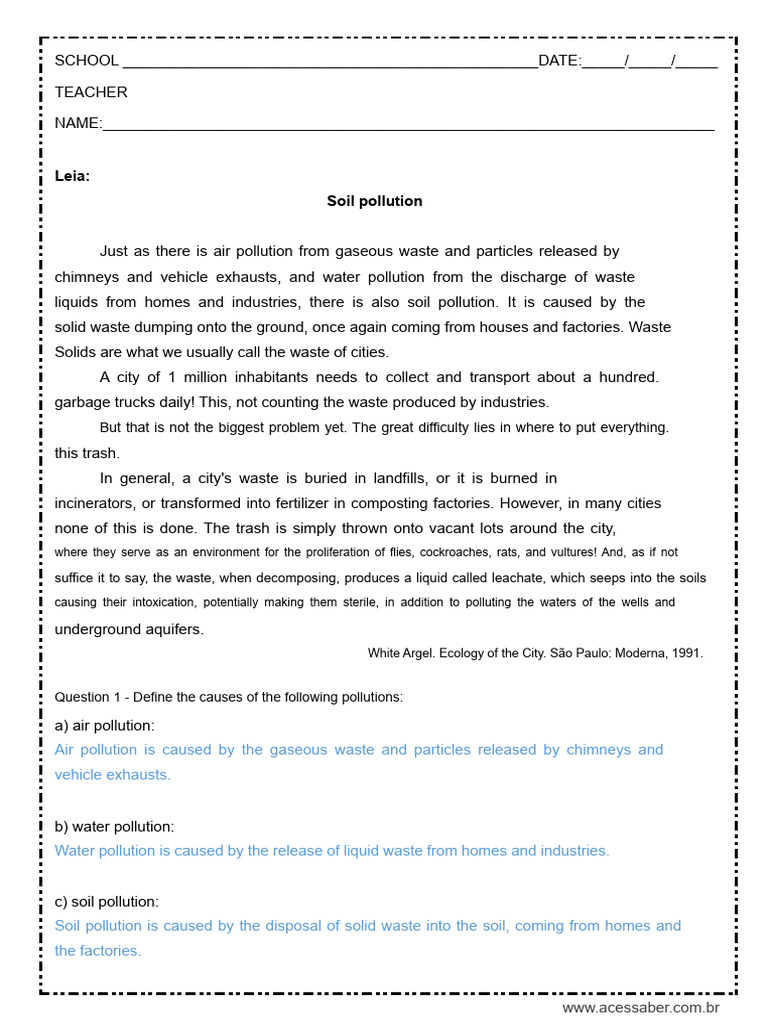 Text Interpretation Soil Pollution 8th Grade With Answers | PDF | Waste ...