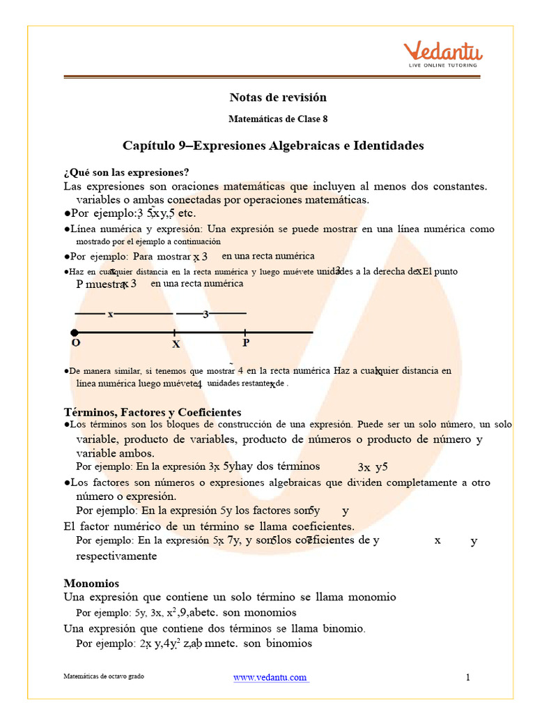 Expresiones Algebraicas e Identidades Notas de Clase 8 Matemáticas CBSE Capítulo 9 (PDF) | PDF ...