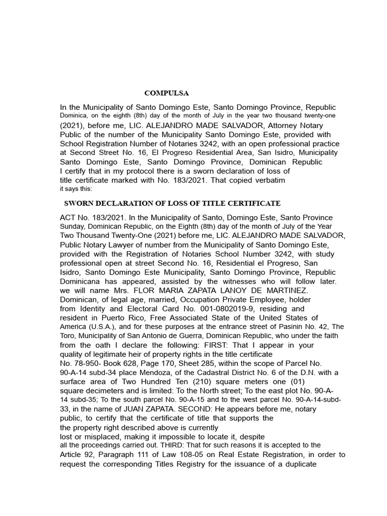 Compulsory Declaration of Loss | PDF | Dominican Republic | Notary Public