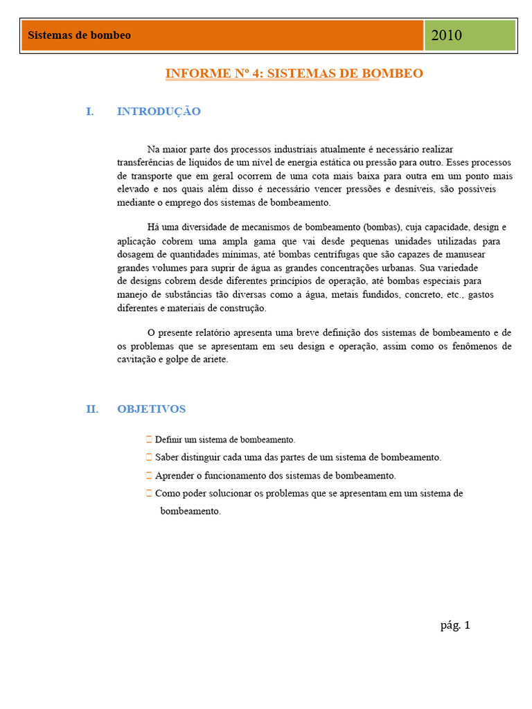 Relatório sobre Sistemas de Bombagem | PDF | Bomba | Engenharia Mecânica