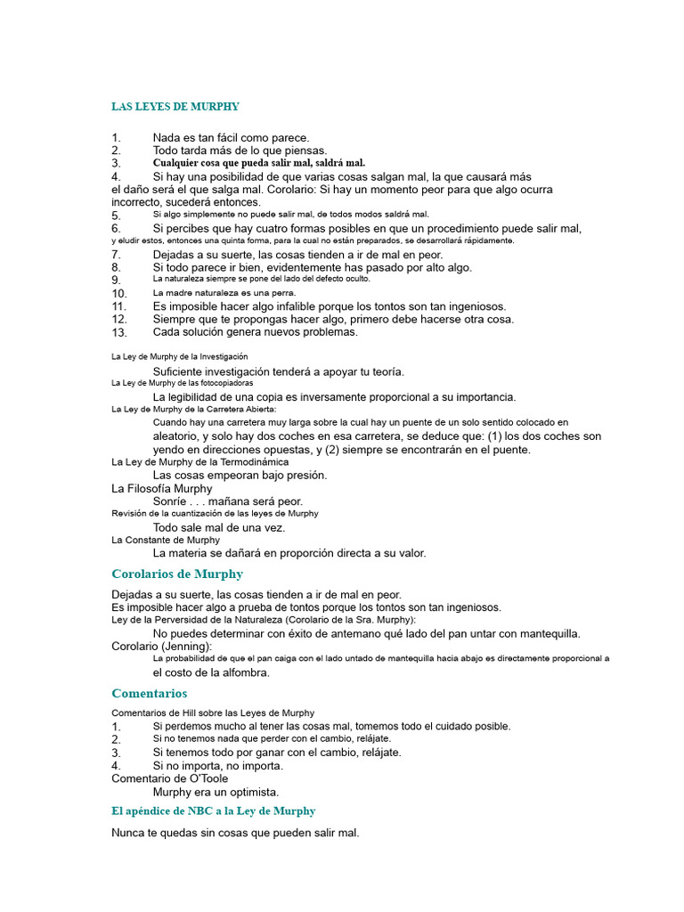 Leyes de Murphy: Principios y Corolarios | PDF
