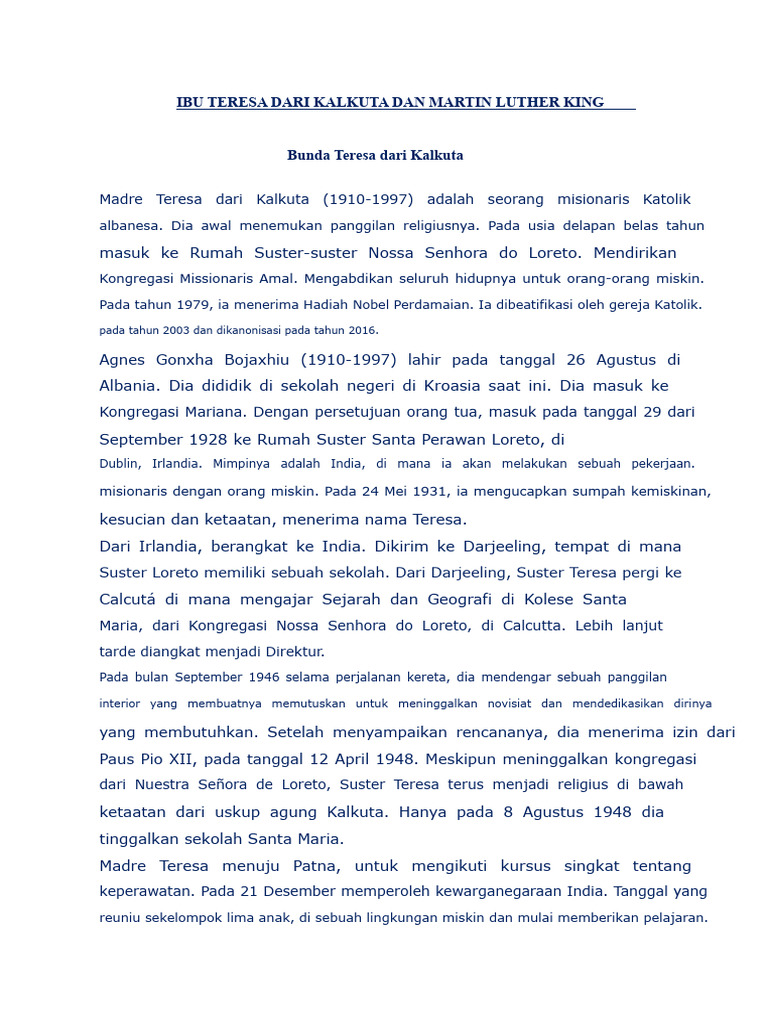 Ibu Teresa dan Martin Luther King: Pejuang Perdamaian | PDF