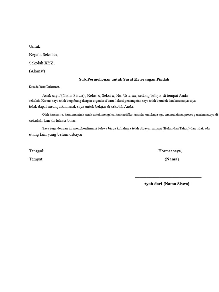 Sample Surat Permohonan Sertifikat Transfer Sekolah | PDF