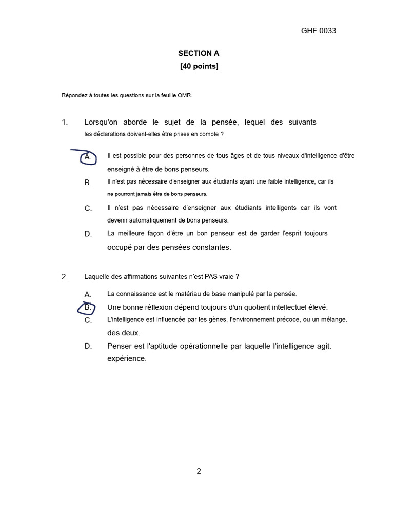 Questions sur la pensée critique et créative | PDF | Intelligence | Vérité