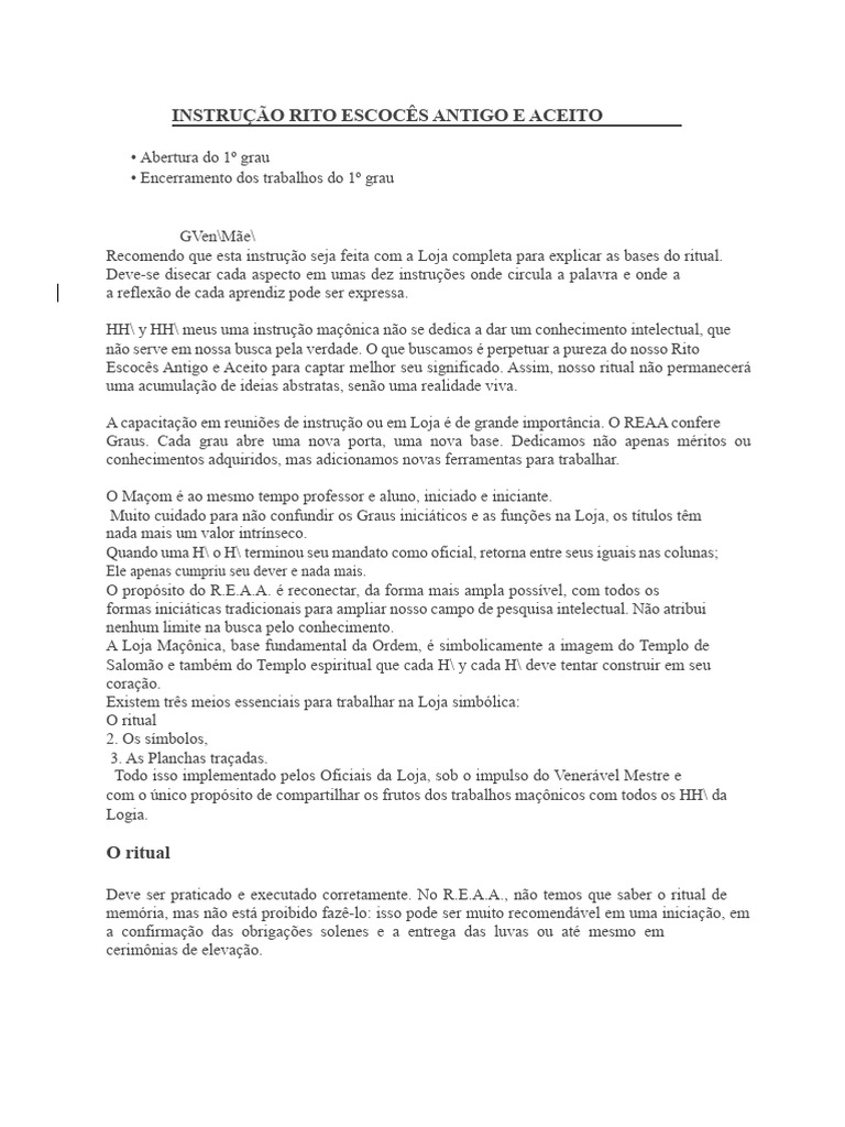 Tenida de Instrução Rito Escocês Antigo e Aceito | PDF | Loja Maçônica ...