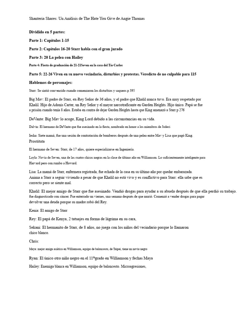 Análisis de personajes en The Hate You Give | PDF