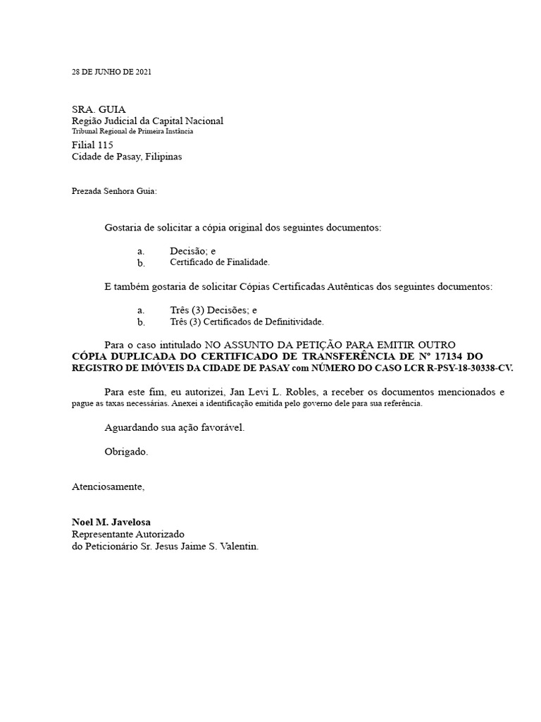 Pedido e Carta de Autorização para Rtc Brch 115-Noel Javelosa | PDF