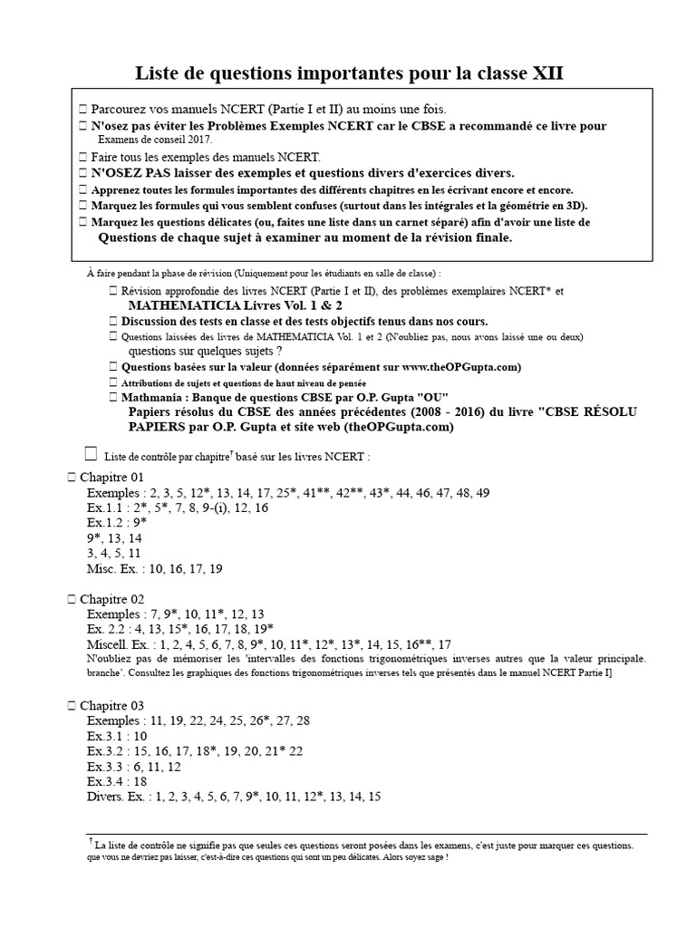 Questions Clés pour Révision Classe XII | PDF | Mathématiques