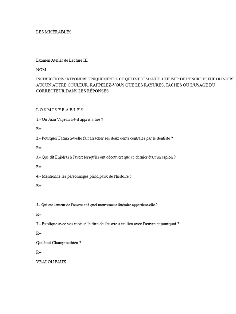 Examen Roman Les Misérables Victor Hugo (A) | PDF