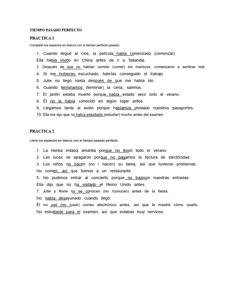 Ejercicios de Tiempo Pasado Perfecto | PDF
