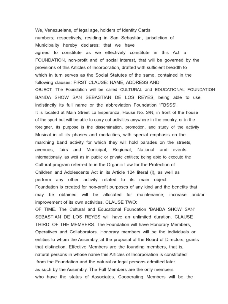 CONSTITUTIVE ACT AND STATUTES of The Foundation "FBSSS" | PDF | Board ...