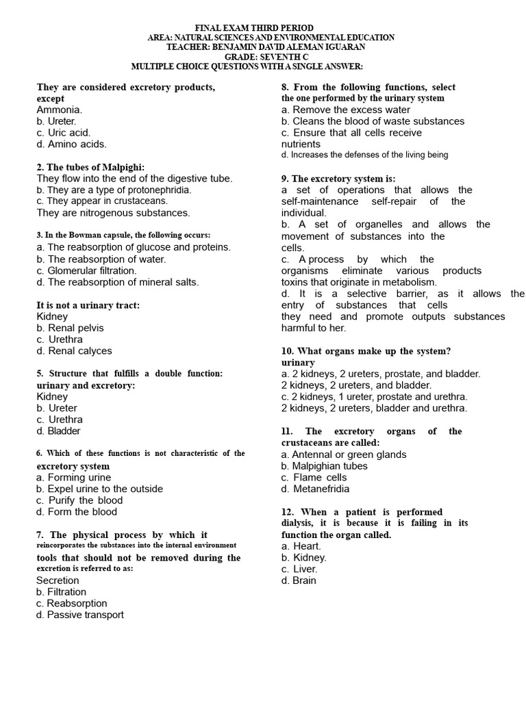 Seventh Grade Excretion Exam C | PDF | Urinary System | Kidney