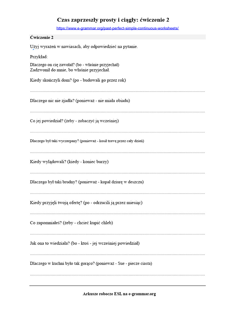 Ćwiczenie 2 Czasu Zaprzeszłego Prostego Ciągłego | PDF