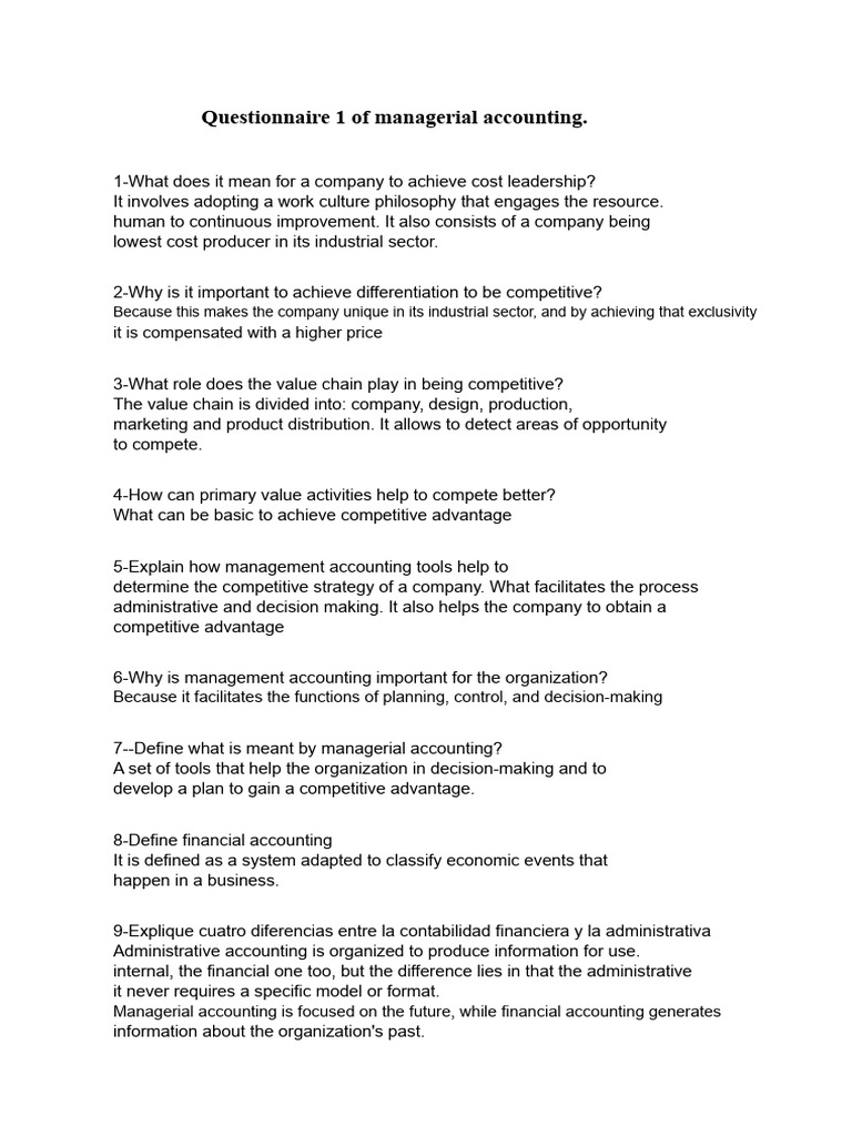 Managerial Accounting Questionnaire Insights | PDF | Competitive ...
