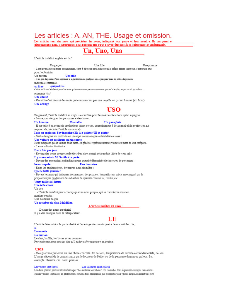 Articles Un Une Le | PDF | Genre grammatical | Langues