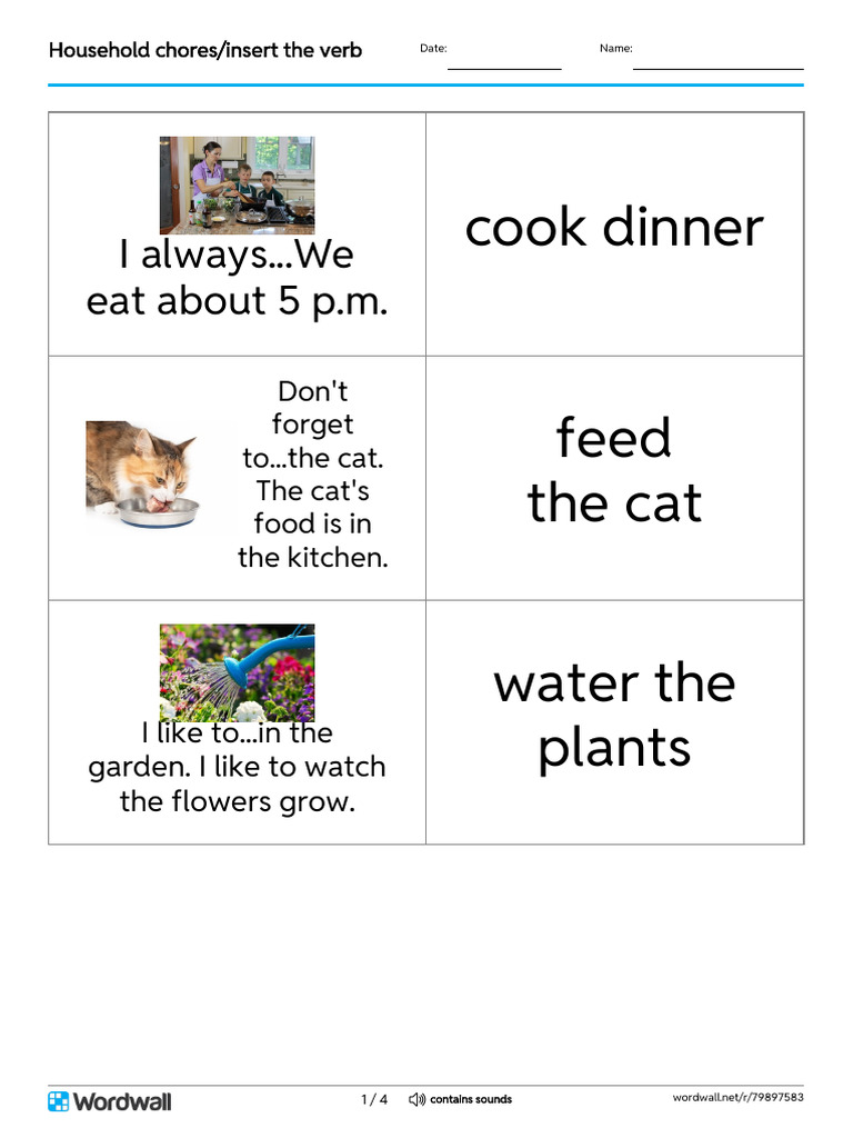 Household Chores Insert The Verb Flash Cards | PDF | Housekeeping | Home