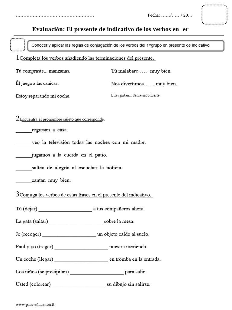 Presente de Los Verbos en - Er Evaluación CE1 | PDF