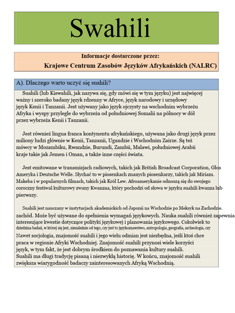 Wprowadzenie Do Języka Suahili | PDF