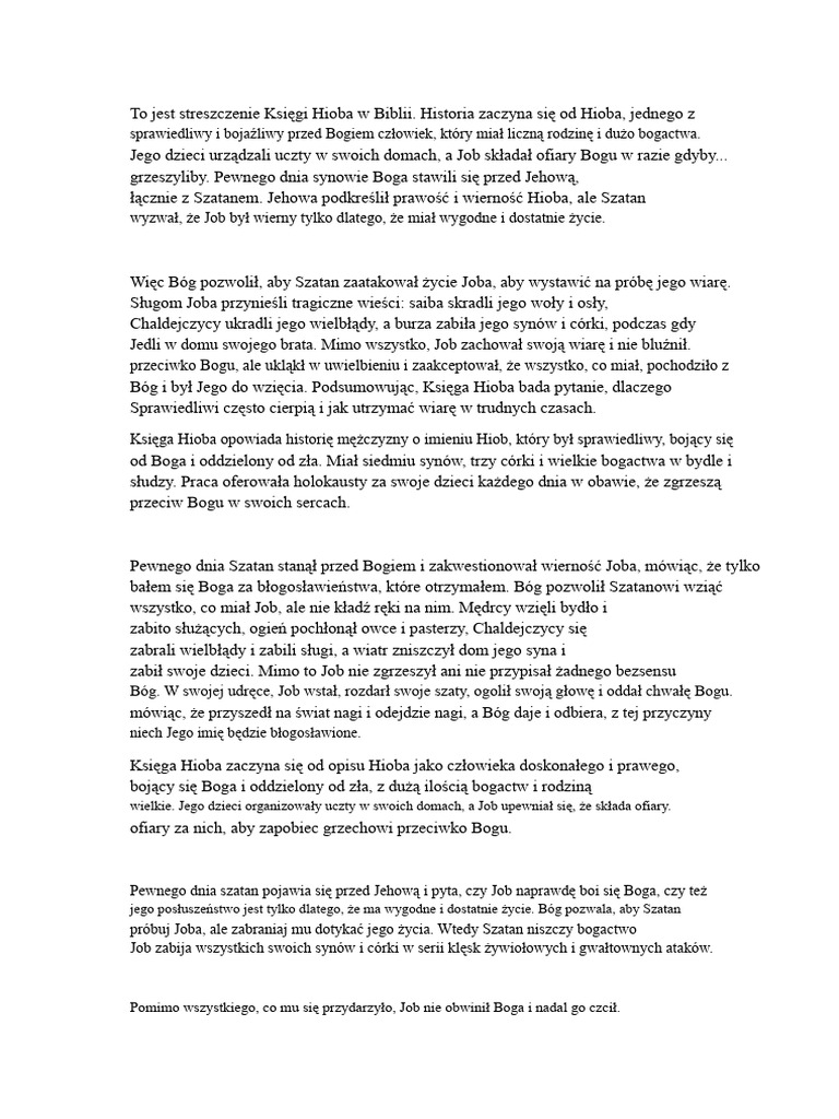 To Jest Streszczenie Księgi Hioba W Biblii | PDF