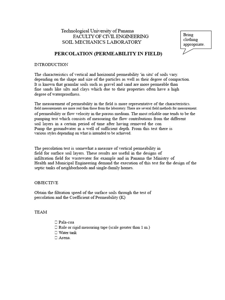 Percolation Test for Soil Permeability | PDF | Soil | Soil Mechanics