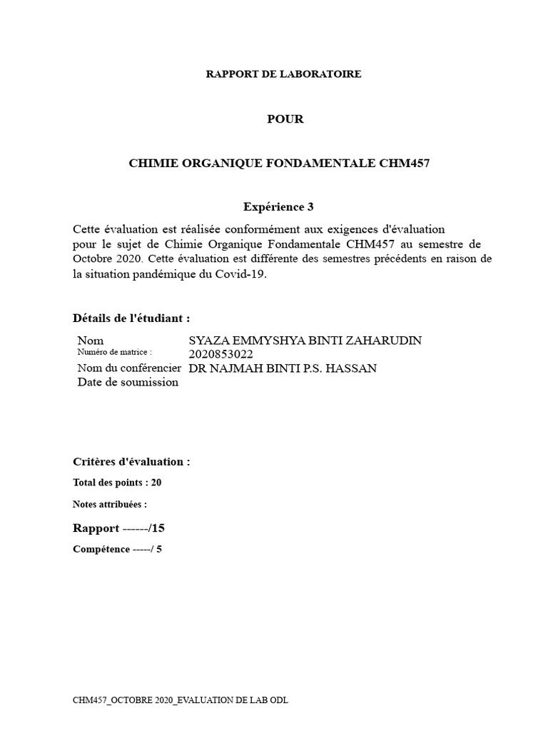 Rapport de Laboratoire chm457 Exp 3 | PDF | Chimie | Acide