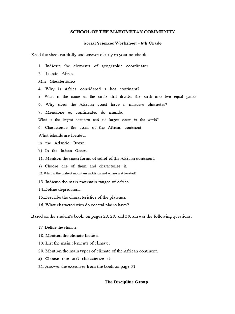 6th Grade Social Science Worksheet: Africa | PDF