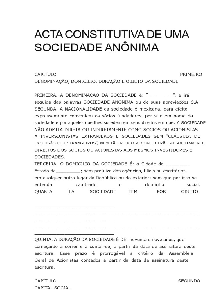 ATA CONSTITUTIVA DE UMA SOCIEDADE ANÔNIMA (Exemplo) | PDF | Conselho de ...