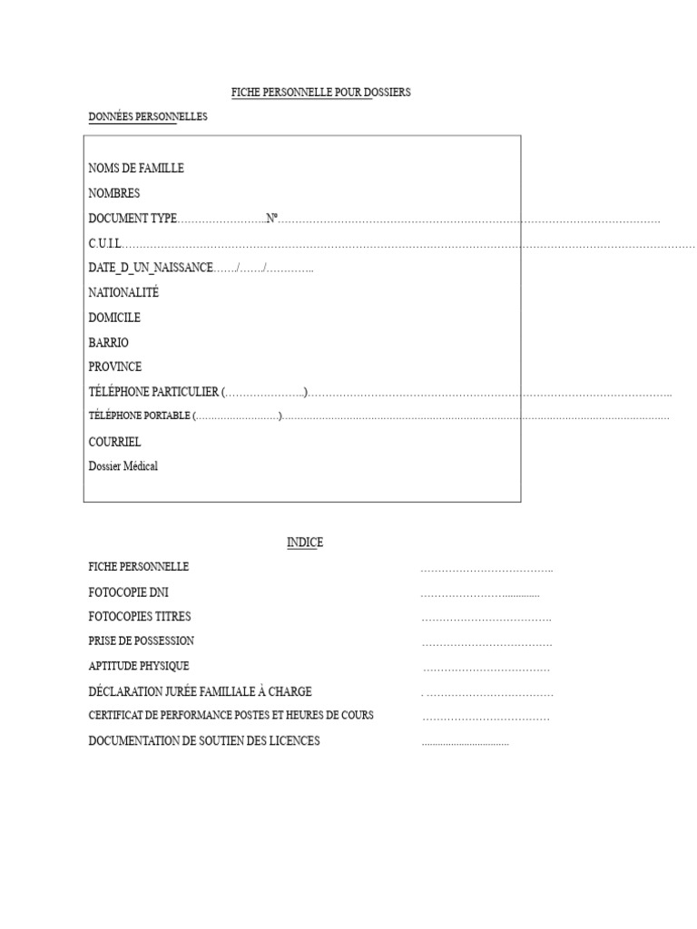 Fiche Personnelle Pour Dossiers | PDF