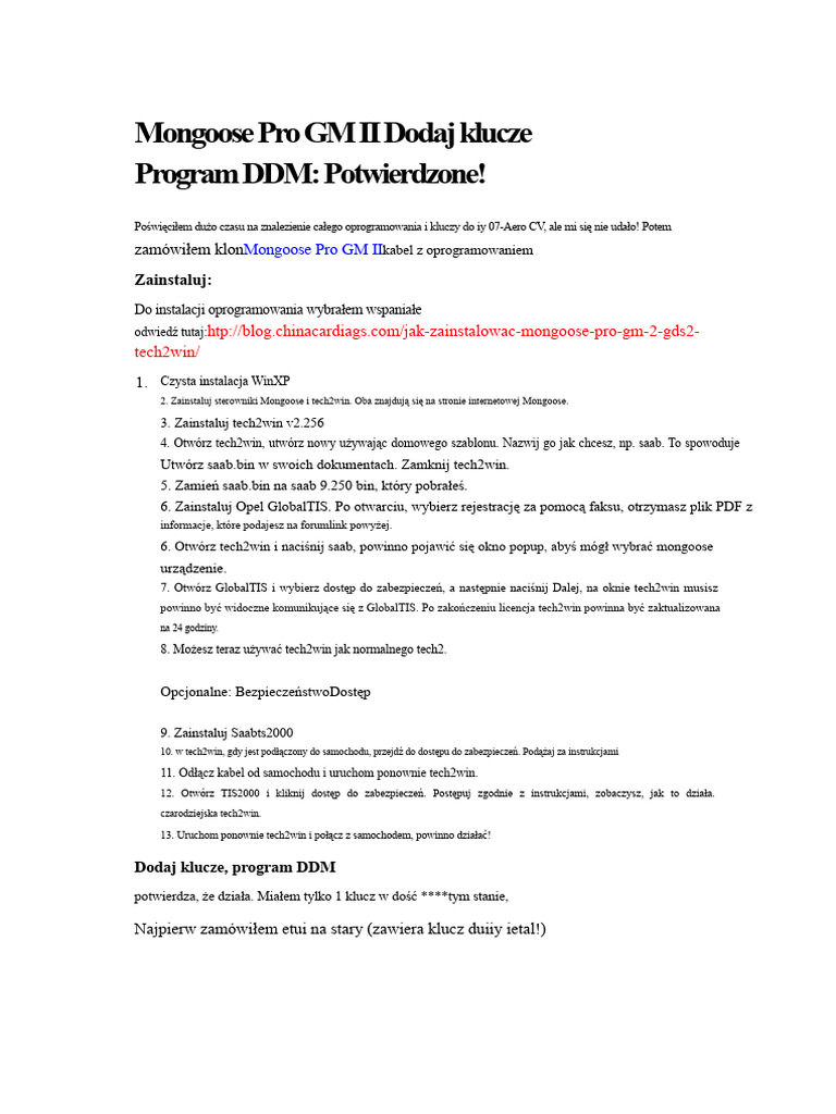 Mongoose Pro GM II Dodaj Klucze, Program DDM Potwierdzony! | PDF