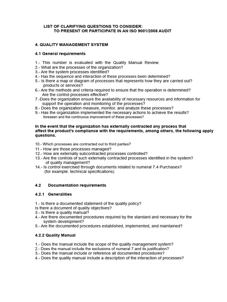ISO 9001 Audit Clarifying Questions | PDF | Audit | Quality Management ...