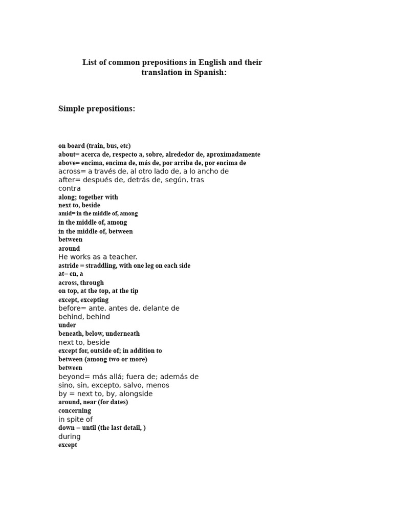 English-Spanish Prepositions Guide | PDF | Linguistics | Semantic Units
