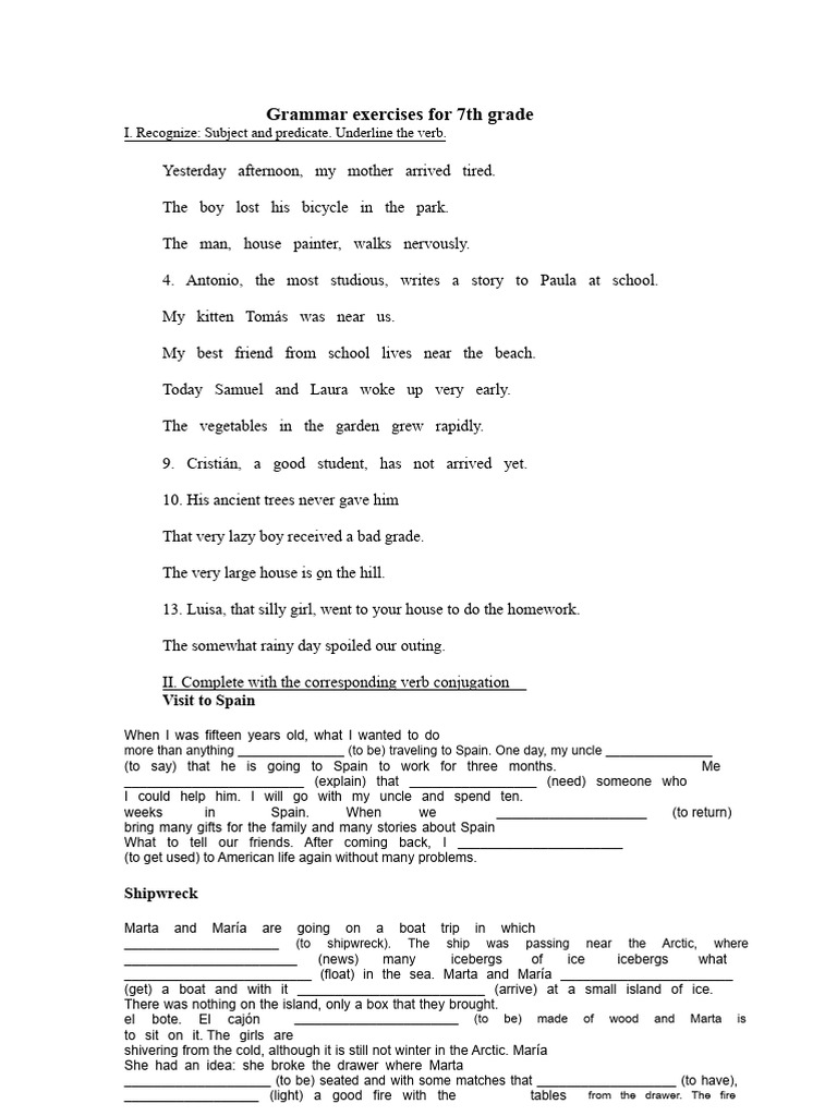 7 Grammar Exercises Subject Predicate | PDF | Stress (Linguistics) | Verb