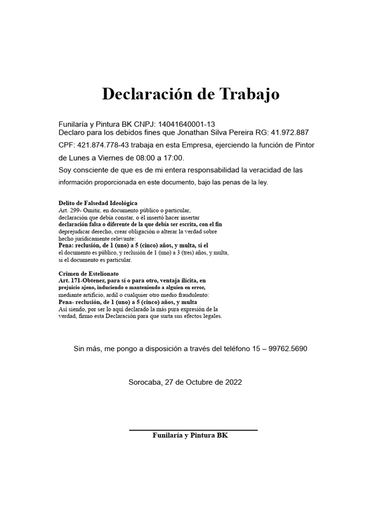 Declaración de Trabajo CNPJ | PDF