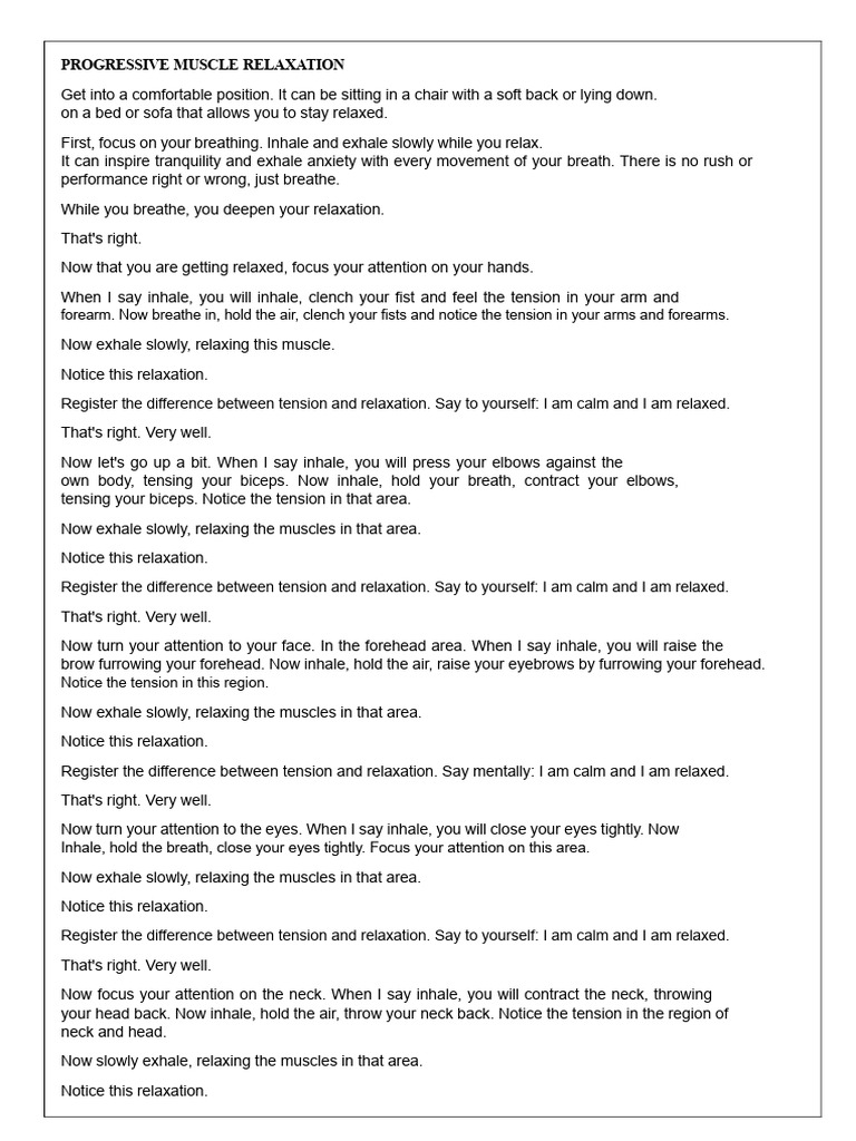 Progressive Muscle Relaxation | PDF | Relaxation (Psychology) | Breathing